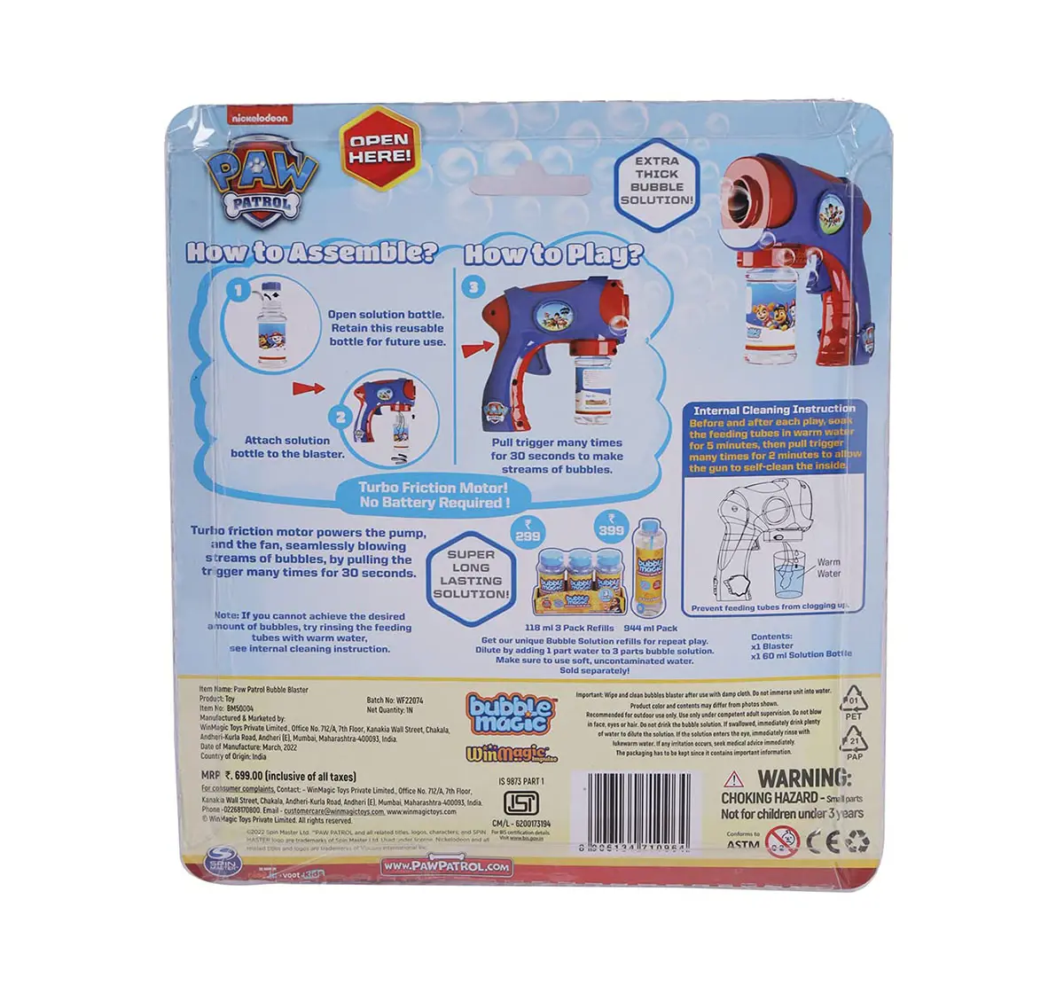 Bubble Magic Paw Patrol Turbo Powered Bubble Blaster Gun For Kids of ...