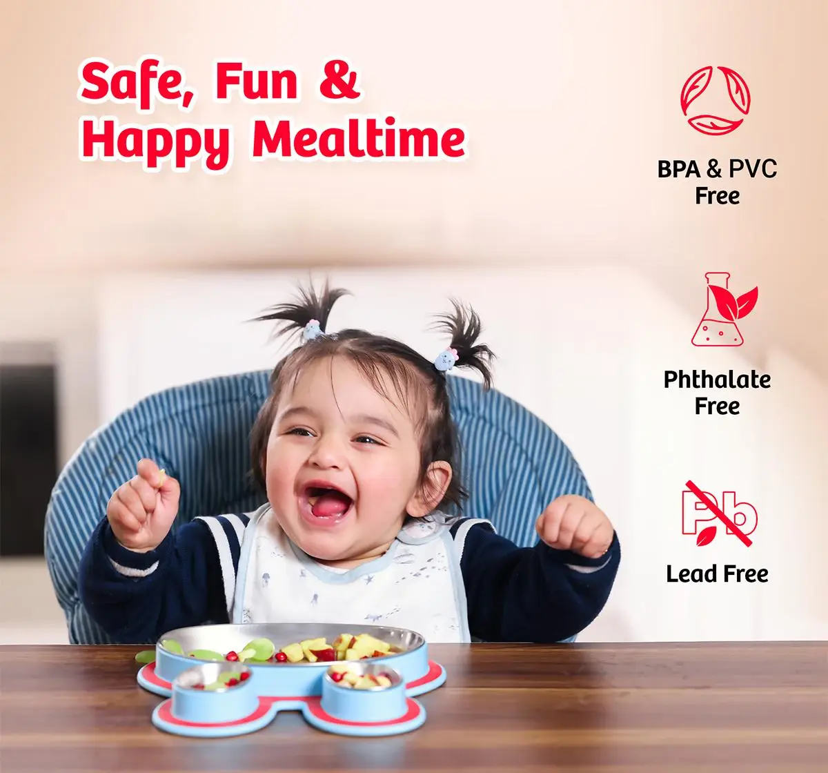 Buy Rabitat Hoppy Playte Anti Skid Stainless Steel Divided Plate, 6M ...