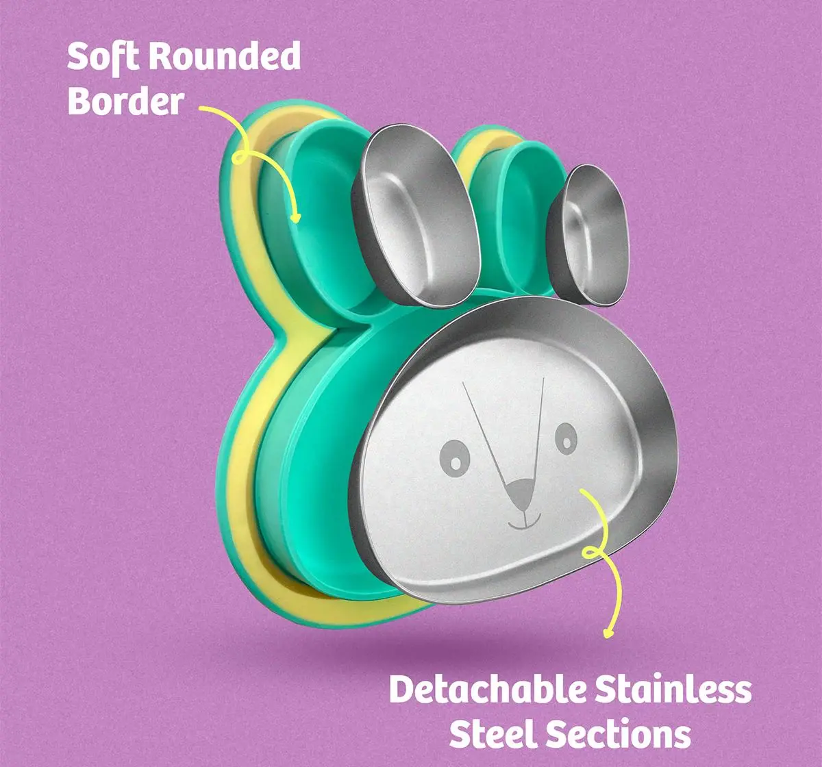 Buy Rabitat Hoppy Playte Anti Skid Stainless Steel Divided Plate, 6M ...