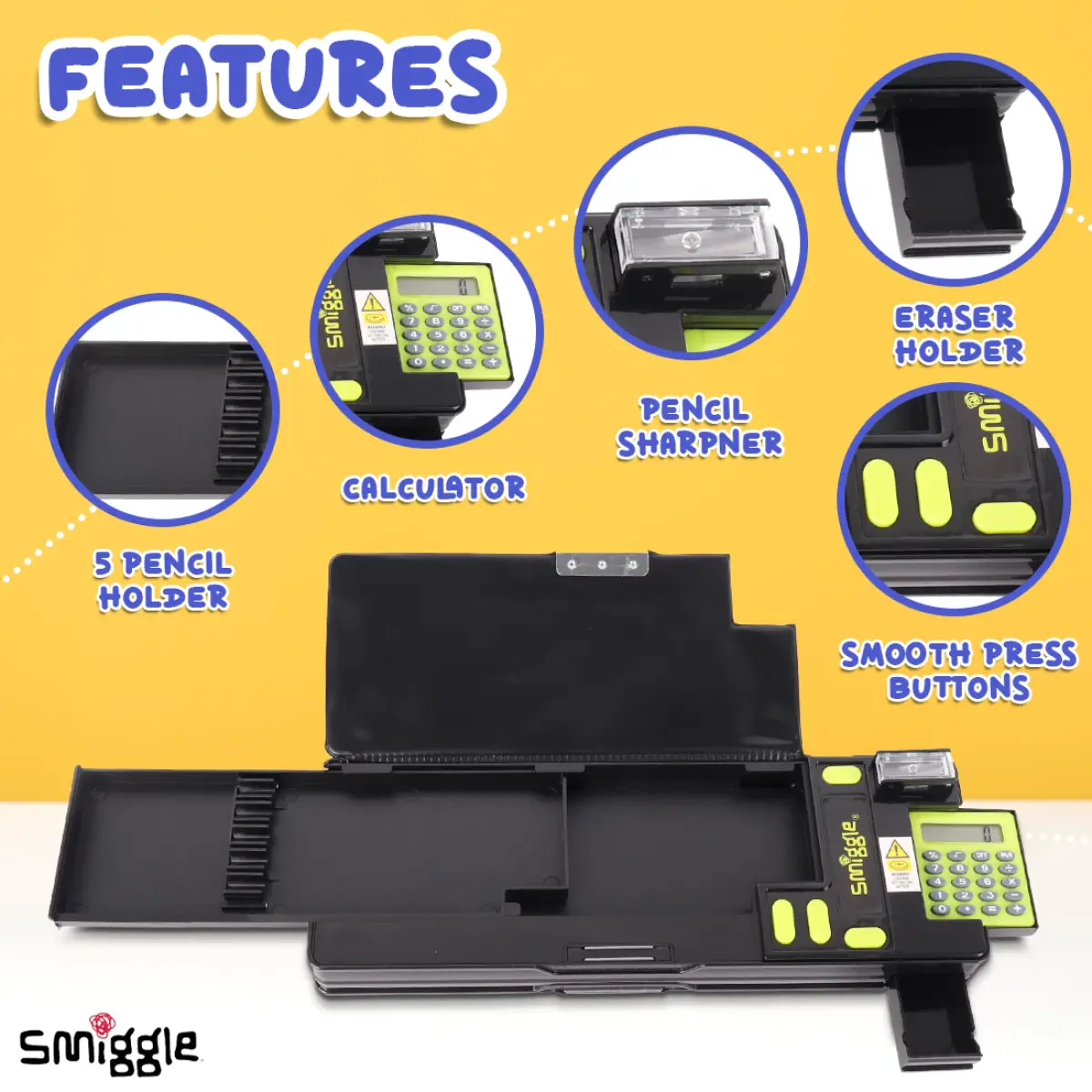 Buy Smiggle Fly Hi Magnetic Pencil Box for Kids with Calculator - Black ...