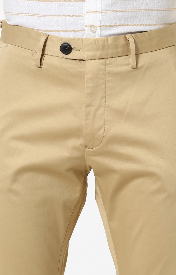 Men's Beige Cotton Blend Solid Chinos
