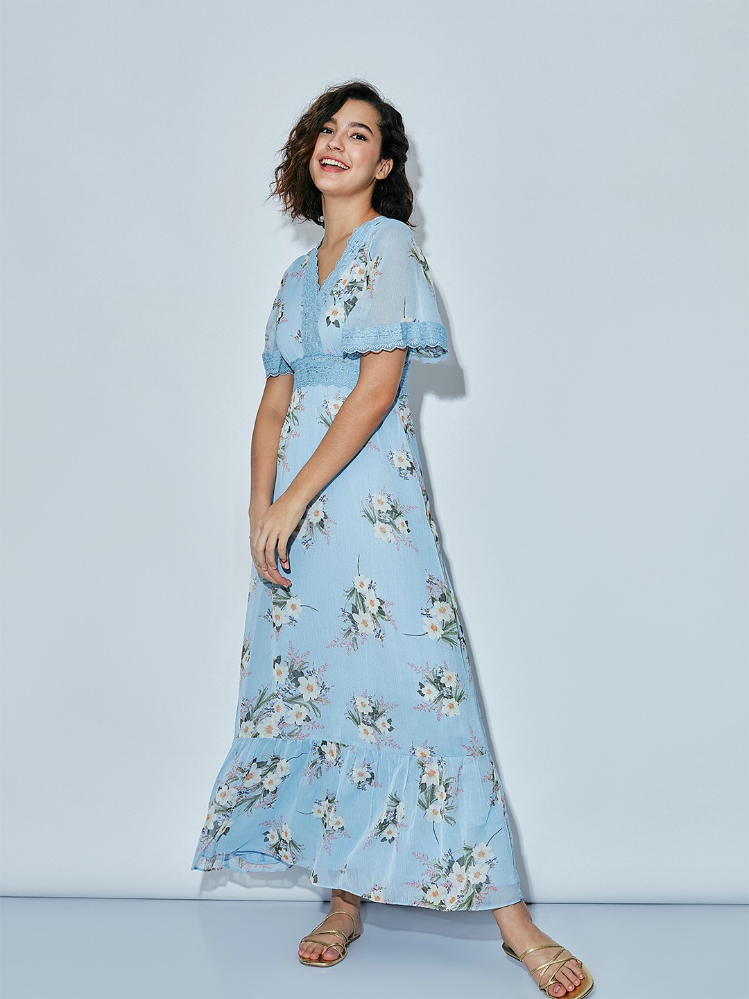 Blue Floral Print Maxi Dress