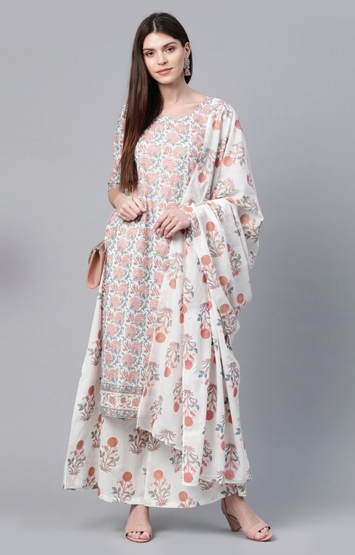 Antaran Women White Palazzo, Kurta and Dupatta