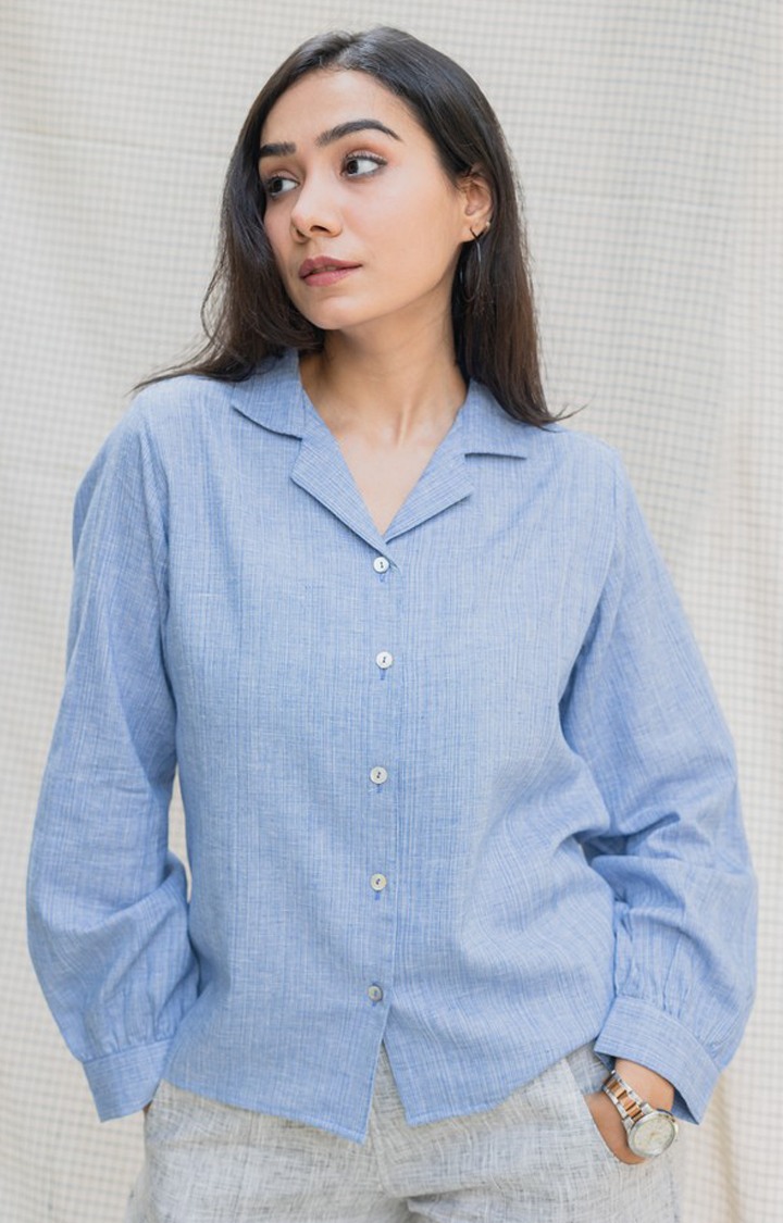 Women's Blue Cotton Solid Casual Shirt