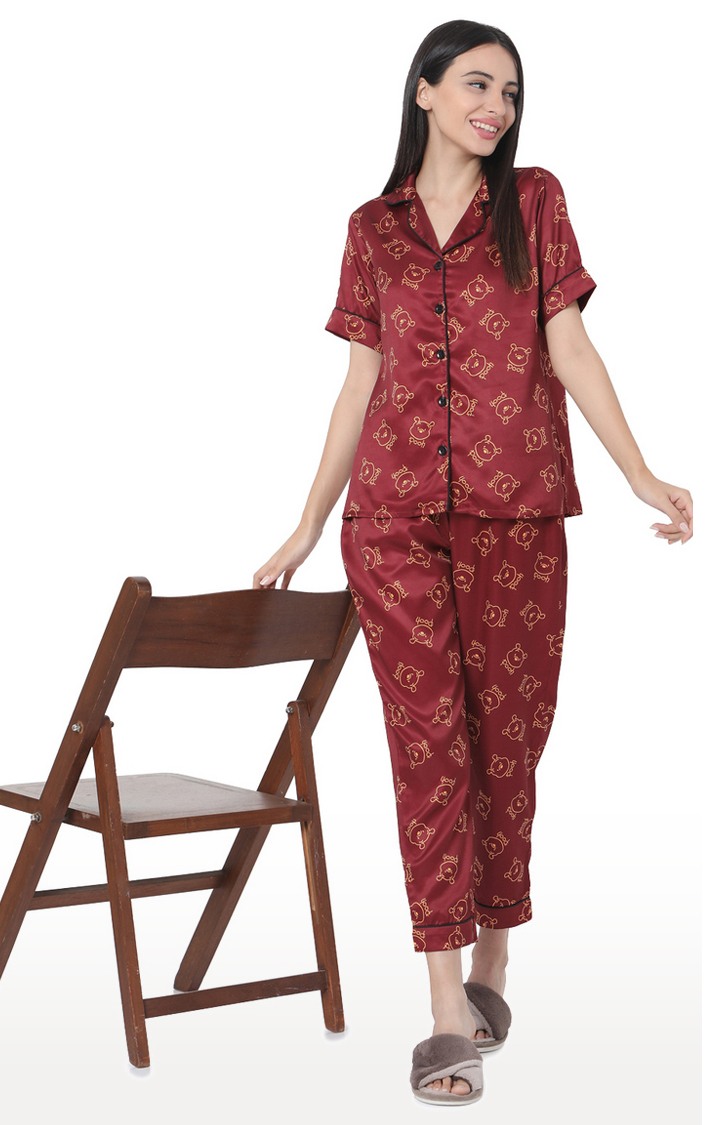 Smarty Pants Women's Silk Satin Maroon Color Pooh Print Night Suit