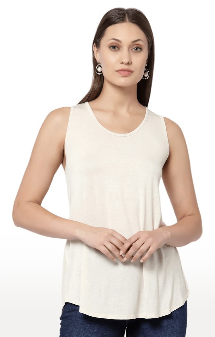 Women's Beige Cotton Blend Solid Activewear Tank Tops