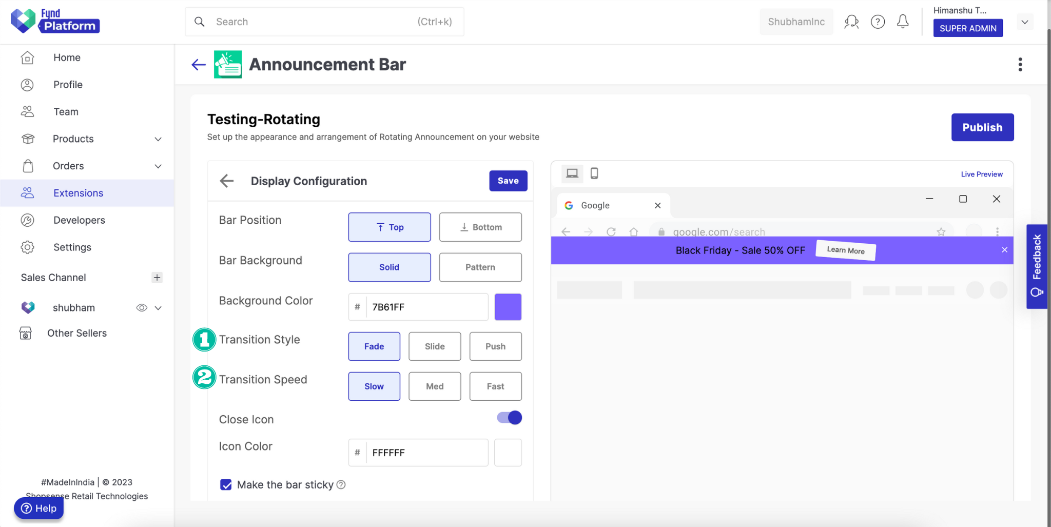 Using Announcement Bar Extension | Fynd Platform Help Center