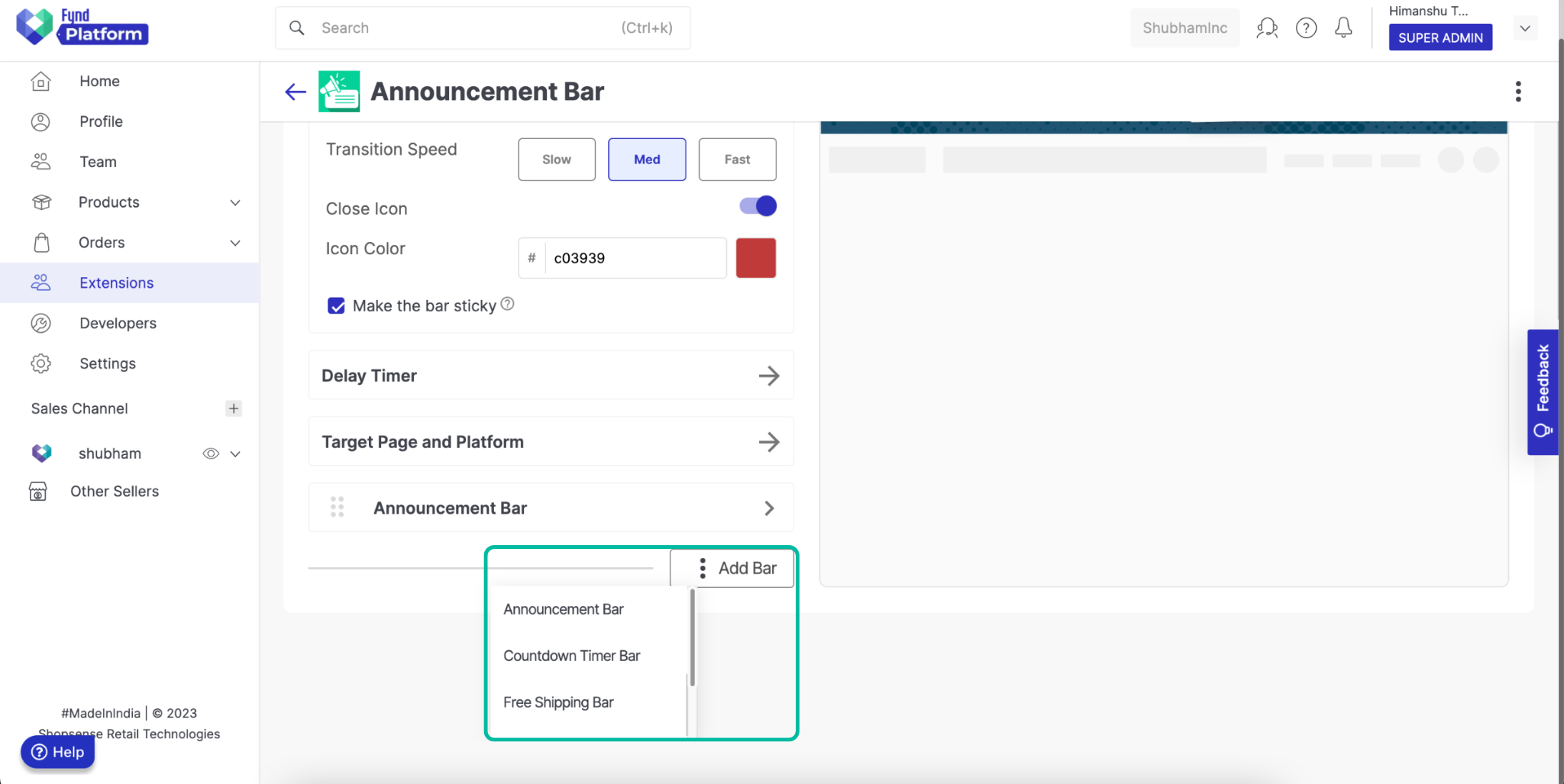 Using Announcement Bar Extension | Fynd Platform Help Center