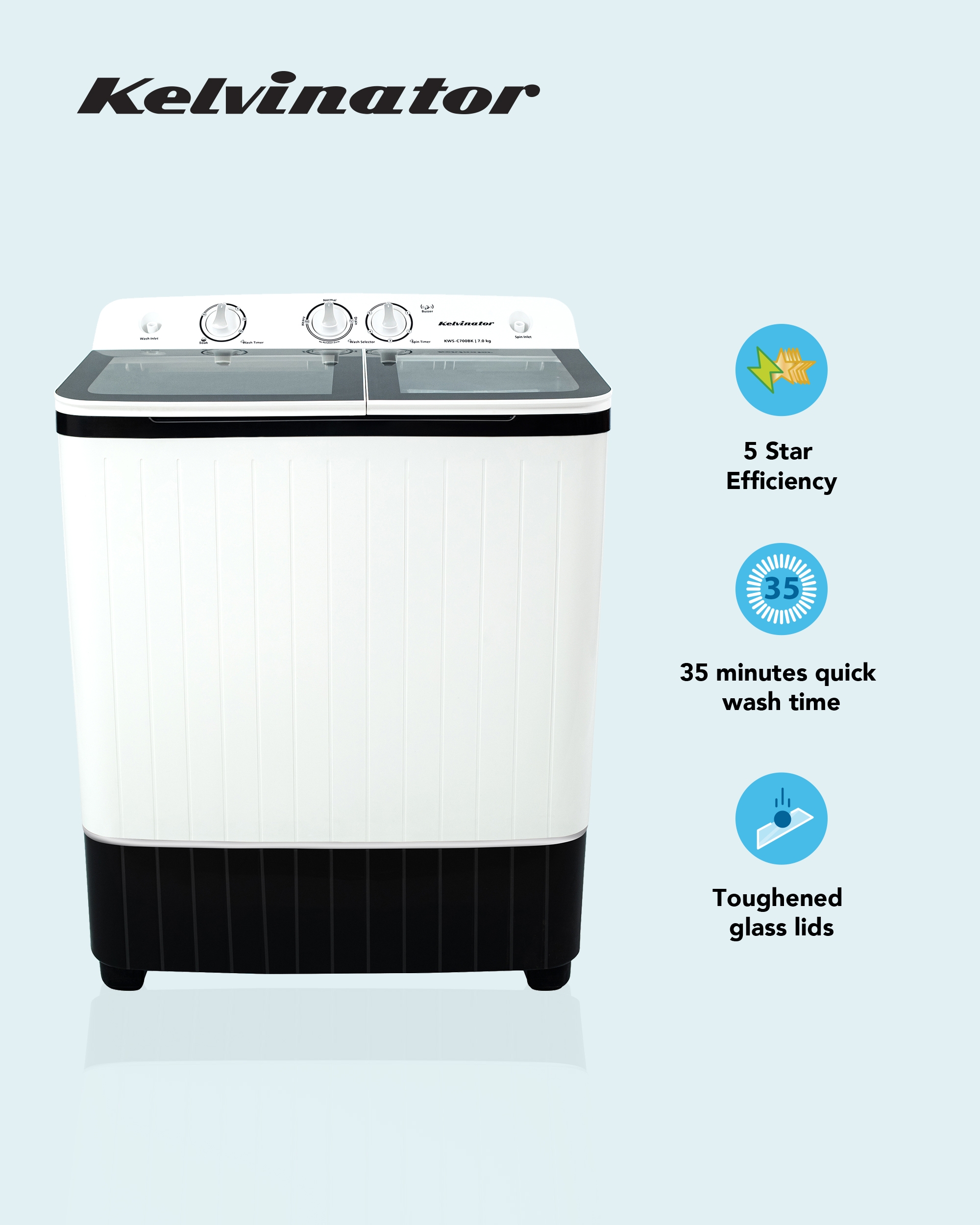 Kelvinator 7.0 Kg Top Load Semi-Automatic Washing Machine, KWS-C700BK ...