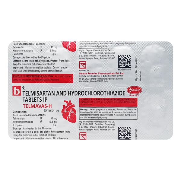 Telmavas H 40mg Tablet 10'S : Price, Uses, Side Effects | Netmeds
