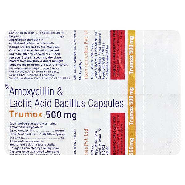 TRUMOX 500mg Capsule 10's Price, Uses, Side effects, Substitutes | Netmeds