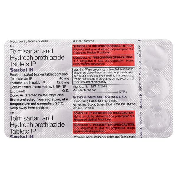 Sartel H 40mg Tablet 15'S : Price, Uses, Side Effects | Netmeds