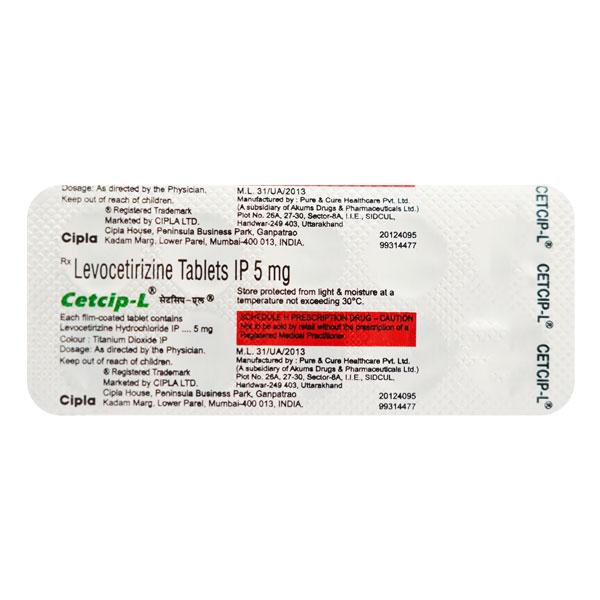 Buy Cetcip L 5mg Tablet 10'S Online at Upto 25% OFF | Netmeds