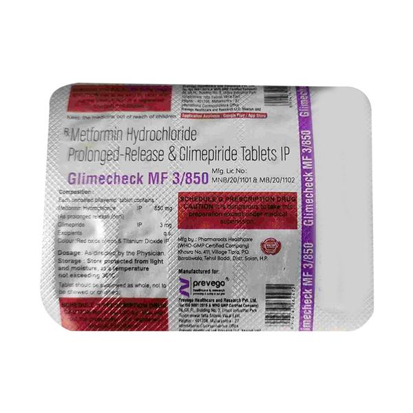 GLIMECHECK MF 3/850 Tablet 10's Price, Uses, Side effects, Substitutes ...