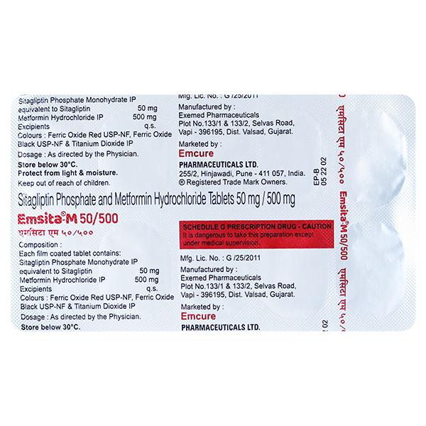 EMSITA M 50/500 Tablet 10's Price, Uses, Side effects, Substitutes ...