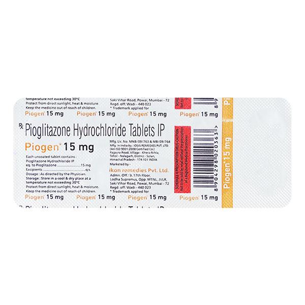 PIOGEN 15mg Tablet 10's : Price, Uses, Side Effects | Netmeds