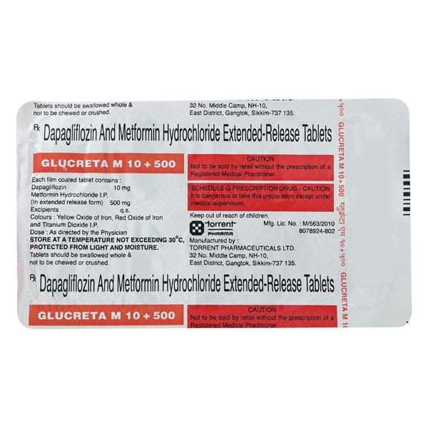 GLUCRETA M 10 + 500 Tablet 10's Price, Uses, Side effects, Substitutes ...