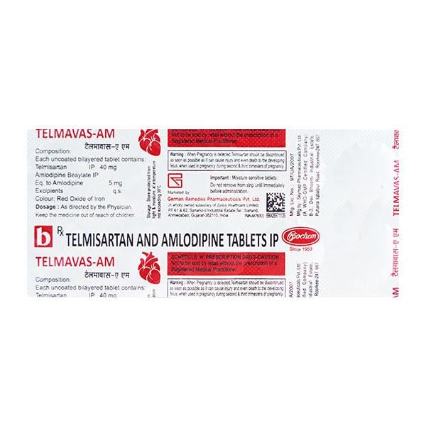 Telmavas AM 40/5mg Tablet 10'S : Price, Uses, Side Effects | Netmeds