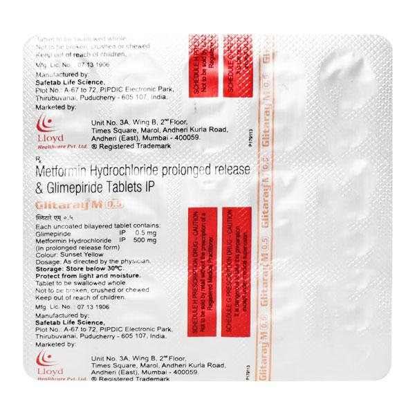 Glitaray M 0.5mg/500mg Tablet 15'S : Price, Uses, Side Effects | Netmeds