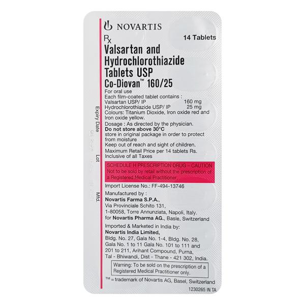 CO Diovan 160mg/25mg Tablet 14'S : Price, Uses, Side Effects | Netmeds