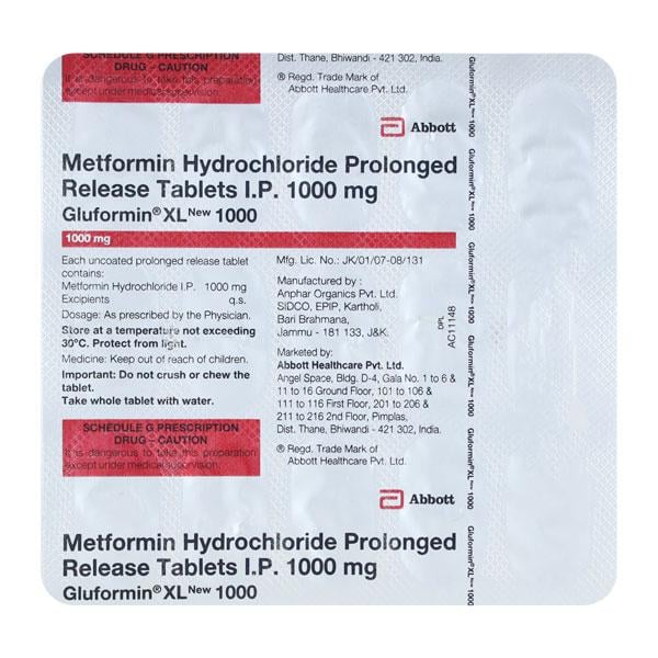 GLUFORMIN XL NEW 1000 Tablet 15's : Price, Uses, Side Effects | Netmeds