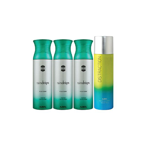 Buy Ajmal 3 Raindrops Femme And 1 Distraction Deodorants Pack of 4 200 ...