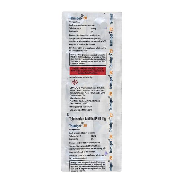 Telmiget 20mg Tablet 10'S : Price, Uses, Side Effects | Netmeds