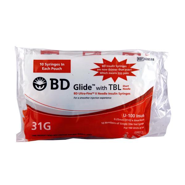 BD Glide Ultra Fine Needle Insulin Syringe (U-100) (31 G x 6 mm) 10's ...