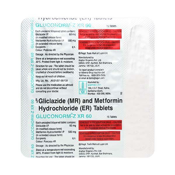 GLUCONORM Z XR 60mg Tablet 15's : Price, Uses, Side Effects | Netmeds