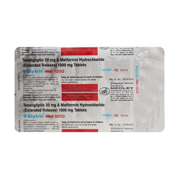 Glytrin Met 20/1000mg Tablet 10'S Price, Uses, Side effects ...