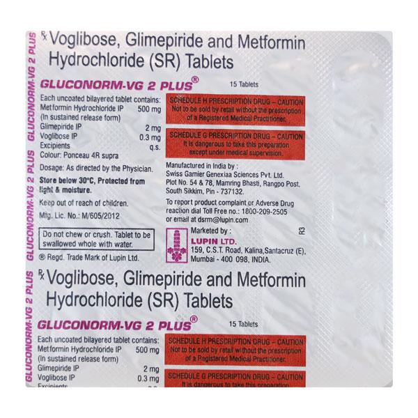 GLUCONORM VG PLUS 2mg Tablet 15's : Price, Uses, Side Effects | Netmeds