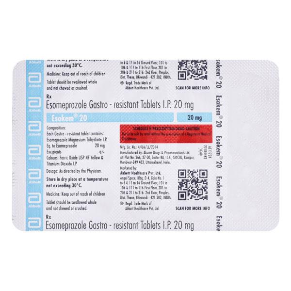 Buy ESOKEM 20mg Tablet 15's Online at Upto 25% OFF | Netmeds
