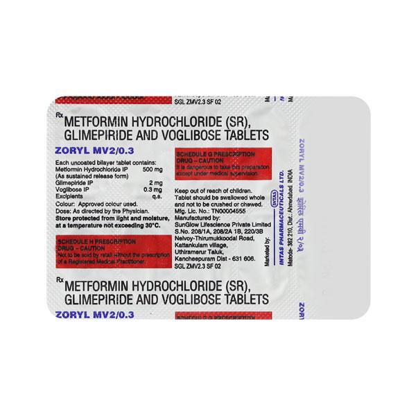 Zoryl Mv 2/0.3Mg Tablet 10's : Price, Uses, Side Effects | Netmeds
