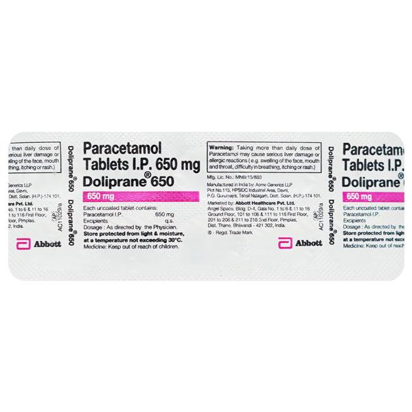 Doliprane 650mg Tablet 10'S Price, Uses, Side effects, Substitutes ...