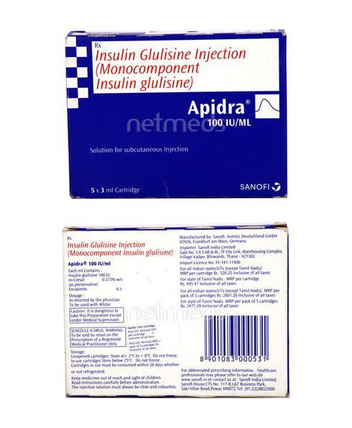 Apidra 100IU Cartridge 1X3ml - Price, Uses, Side Effects | Netmeds