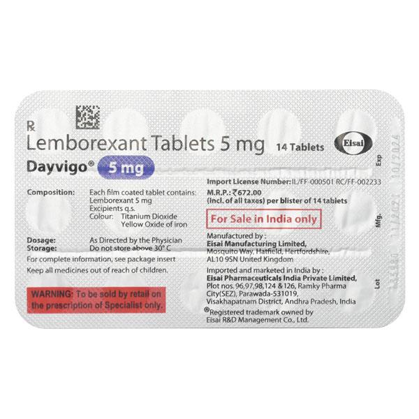 DAYVIGO 5mg Tablet 14's - Price, Uses, Side Effects, and Substitutes ...