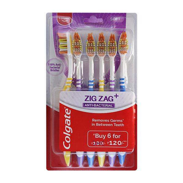 Buy Colgate Zig Zag+ Anti-Bacterial Toothbrush - Soft (Pack of 6 ...