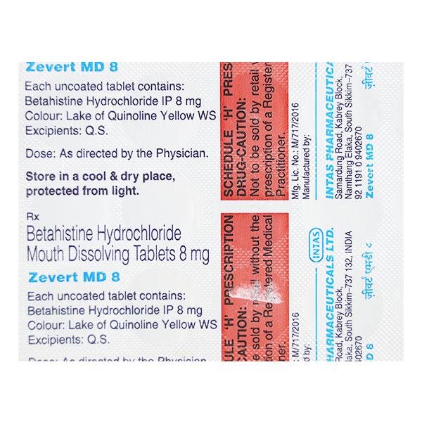Zevert MD 8mg Tablet 10'S