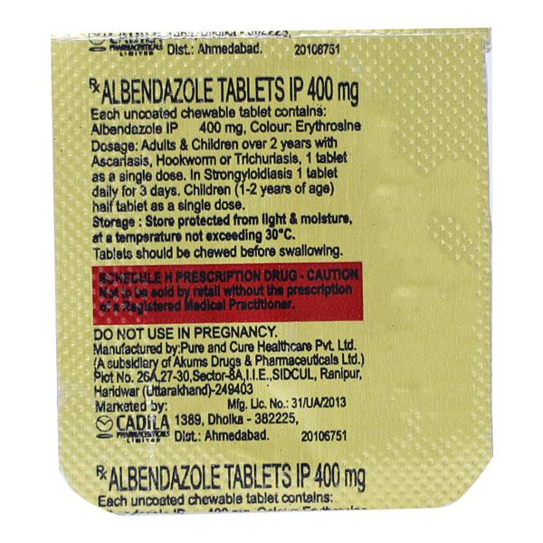 ALBENDAZOLE (CADILA) 400mg Tablet 1's - Price, Uses, Side Effects | Netmeds