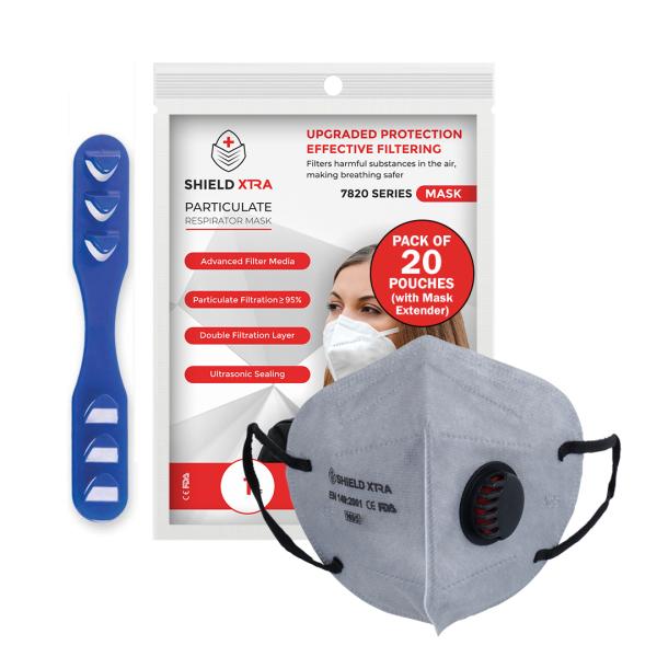 Shield Xtra N95 Anti Pollution Face Mask with Valve - Ear Loop 20's