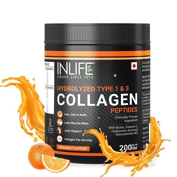 Buy INLIFE Hydrolyzed Collagen Peptides Powder - Orange Flavour 200 gm ...