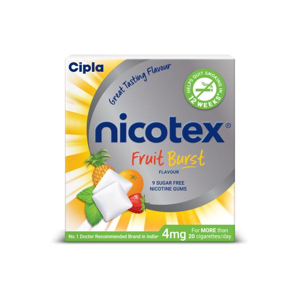 NICOTEX FRUIT BRUST FLAVOUR SUGAR FREE 4mg Chew Gum 9's - Buy Medicines online at Best Price ...