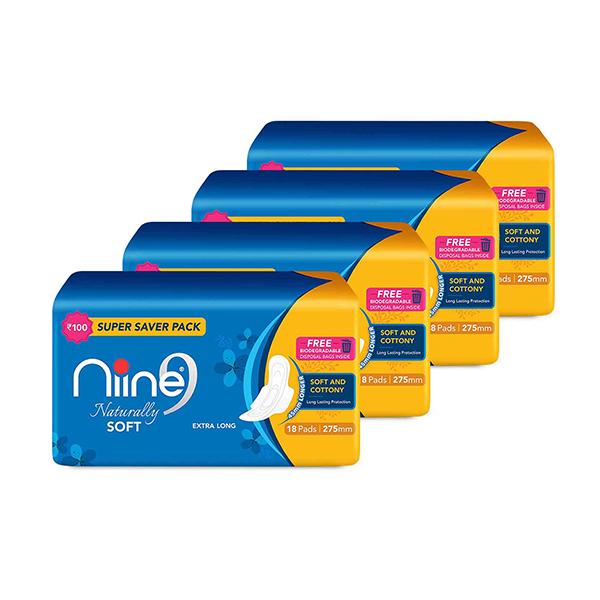 Niine Naturally Soft Extra Long Sanitary Pads (Pack of 4 x 18's) 72's ...