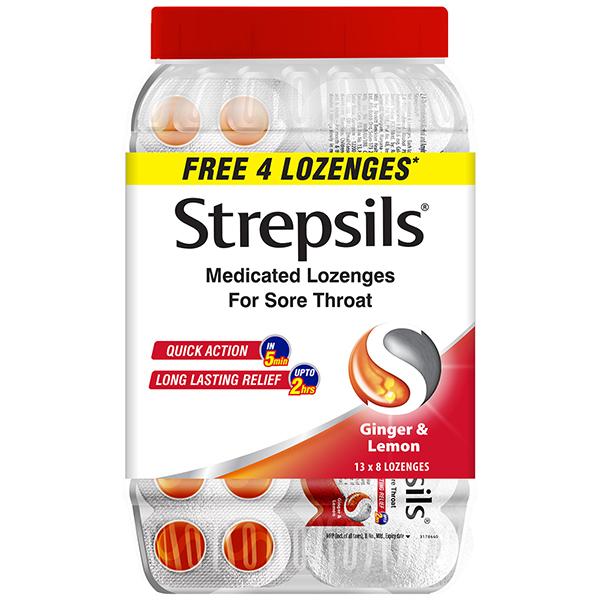 Buy Strepsils Lozenges - Ginger & Lemon (Free 4 Lozenges) 100's Online ...