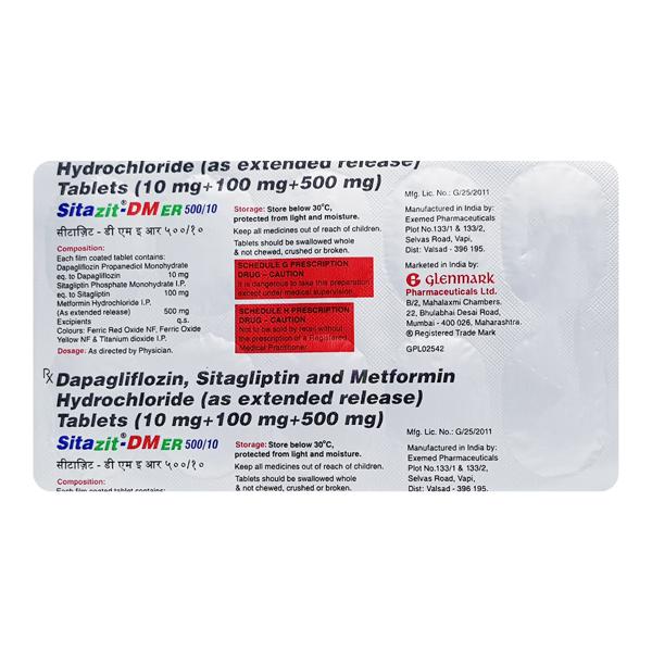 SITAZIT DM ER 500/10 Tablet 10's Price, Uses, Side effects, Substitutes ...