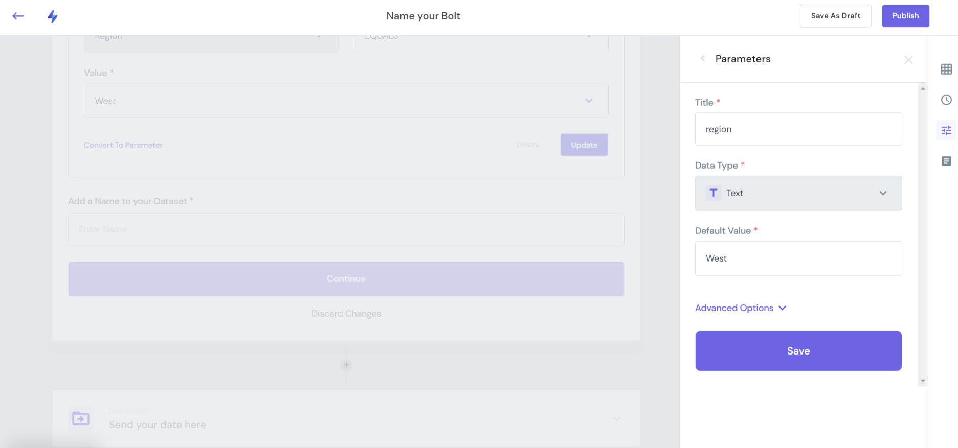 Add Parameters to Visual Mode | Boltic Documentation & User Guide